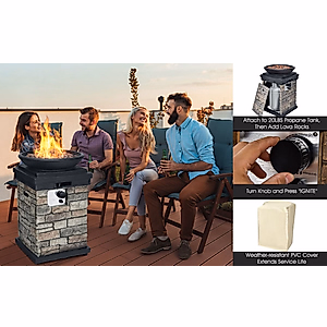 S AFSTAR Propane Firebowl Column, 40,000 BTU Outdoor Gas Fire Pit Realistic Look Firepit Heater w/Adjustable Feet, Free Lava Rocks & Rain-Cover, Propane Fire Pit Table for Outside (Natural Stone)