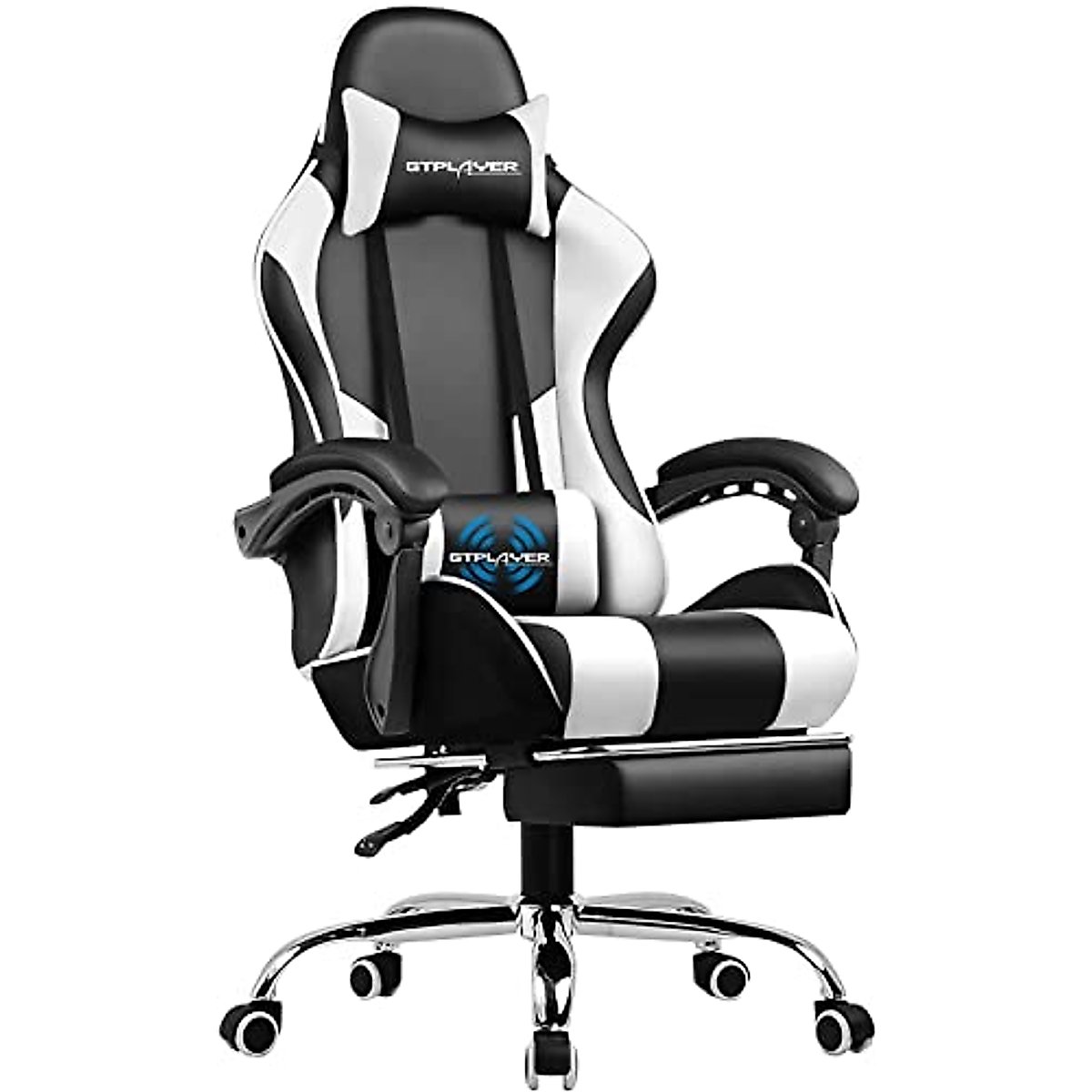 GTPLAYER Gaming Chair, Computer Chair with Footrest and Lumbar Support, Height Adjustable Game Chair with 360°-Swivel Seat and Headrest and for Office or Gaming (White)