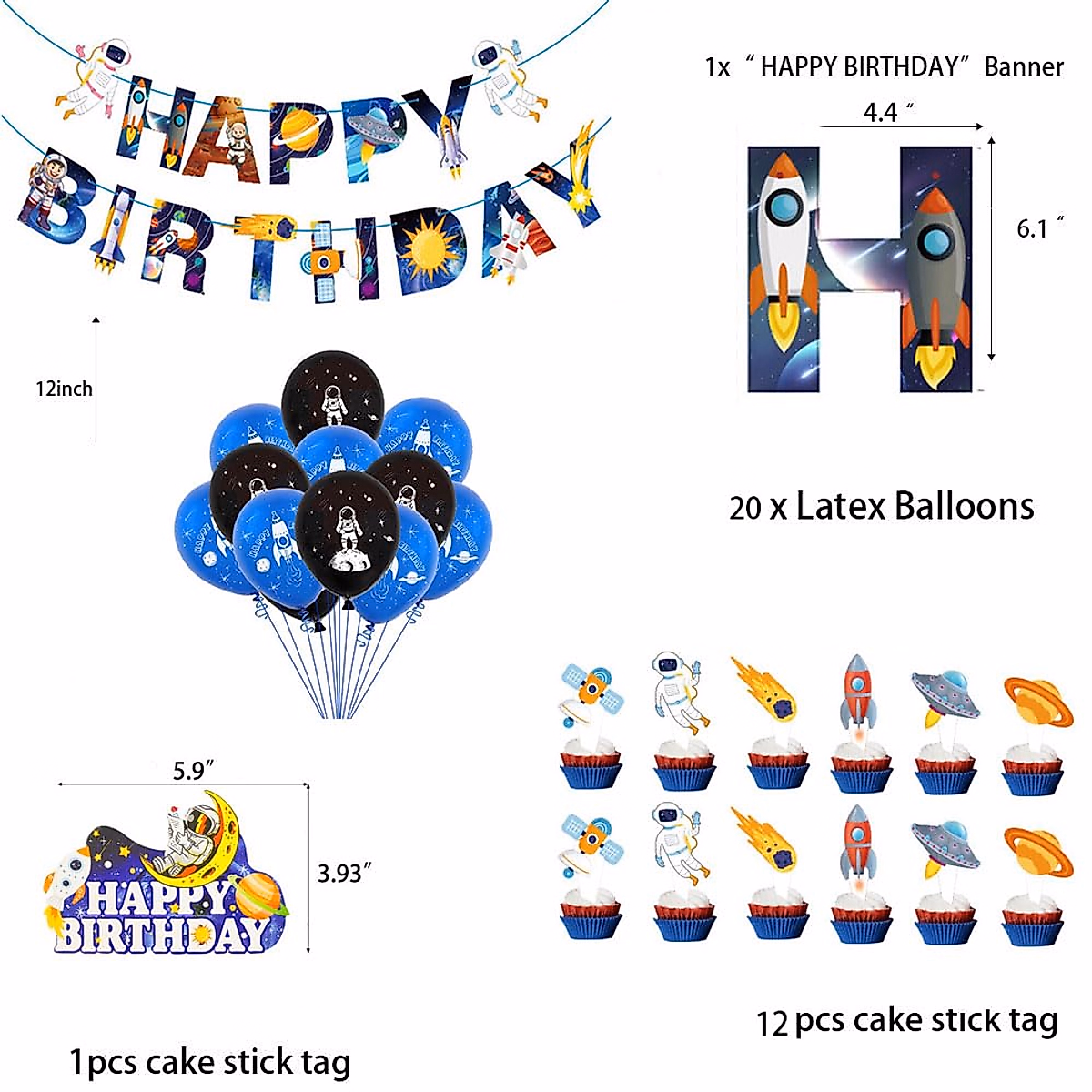 Outer space theme birthday party decoration happy birthday banner latex balloon cake flag decoration for birthday parties, boy parties, astronaut party supplies