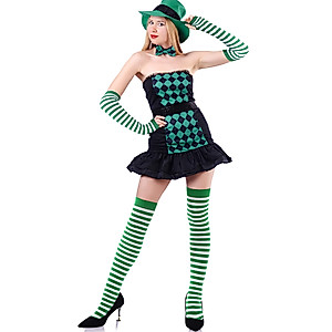 Blulu St Patrick's Day Knee High Socks Green Striped Fingerless Gloves Irish Arm Warmers