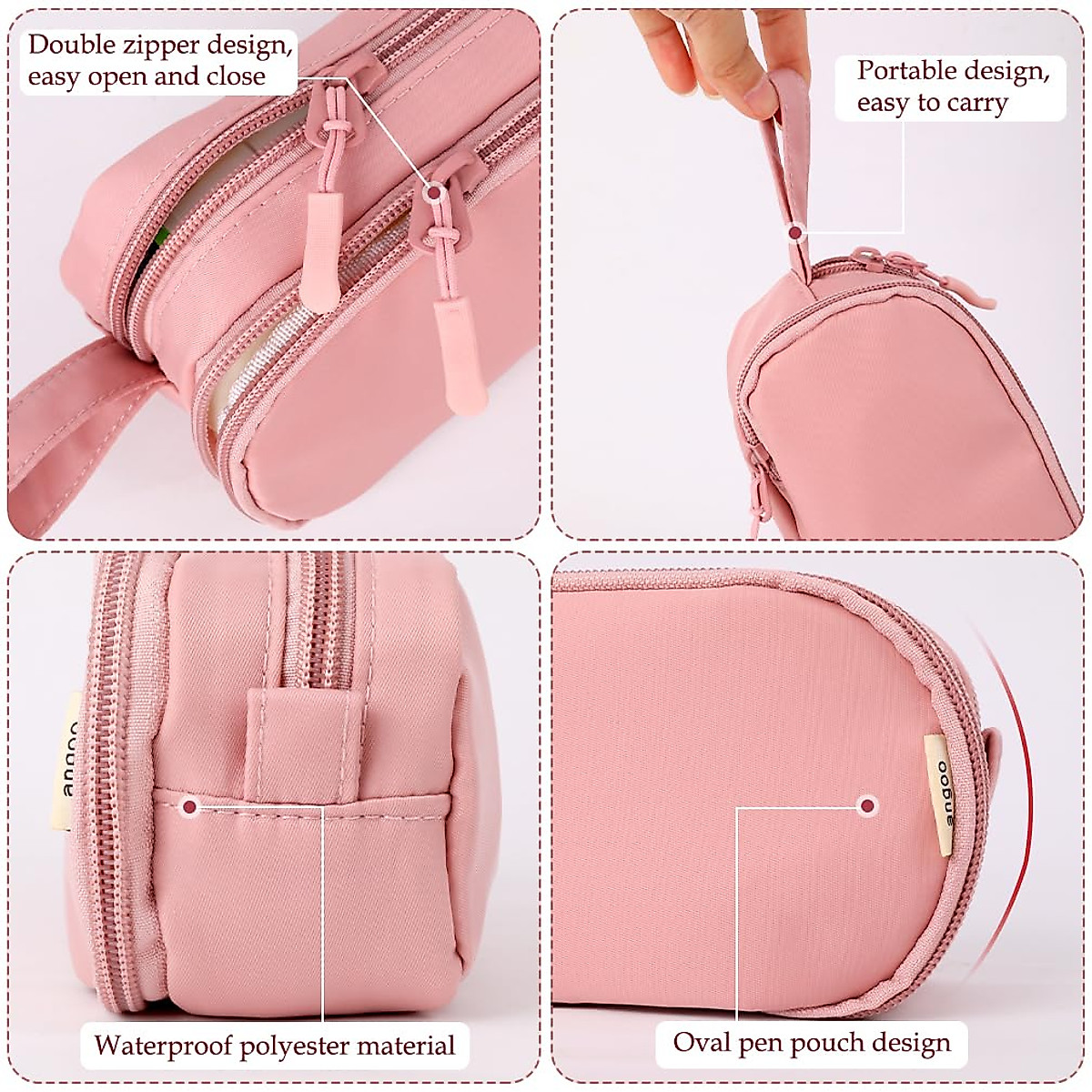 iSuperb 2 Compartments Pencil Case Zippered Pencil Pouch With Handle Big Large Capaciy Aesthetic Organizer Canvas & Nylon Pen Bag Handbag for Travel Office Stationary (Pink)