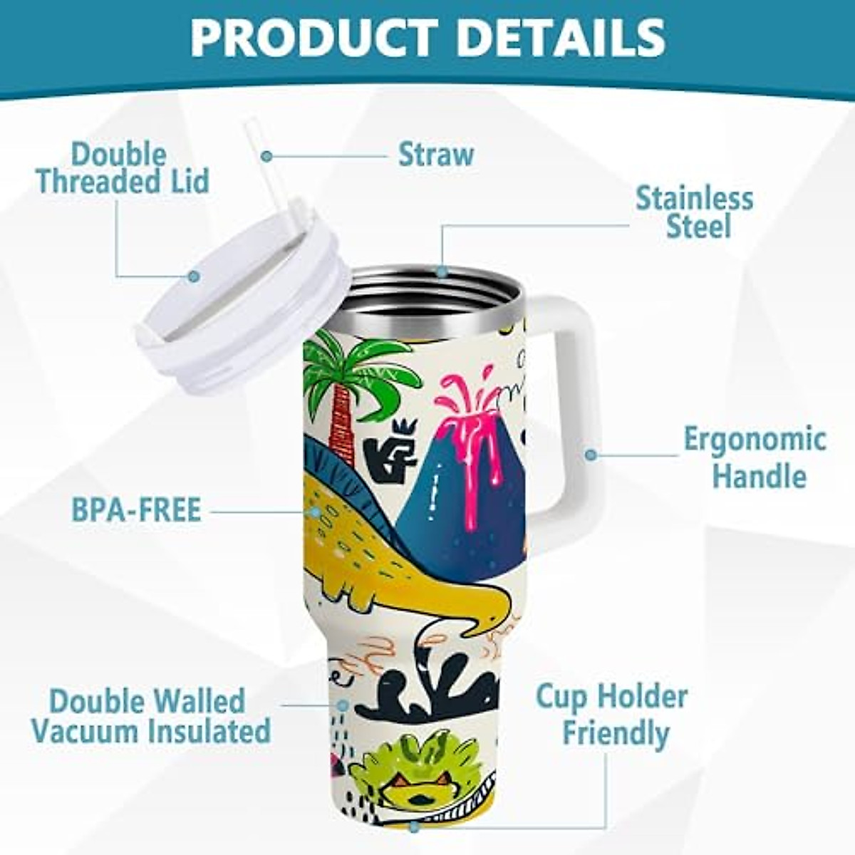 RPLIFE Cute Colorful Dinosaurs Coffee Tumbler with Handle, Stainless Steel Mug, Straw Water Bottle