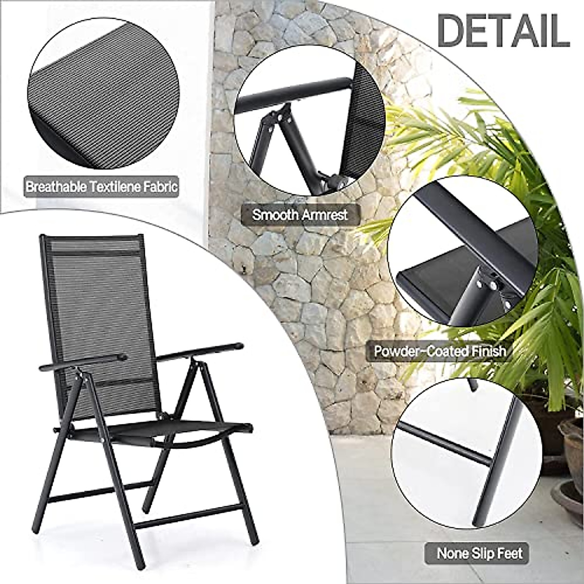 PHI VILLA 7 Piece Patio Dining Set, Outdoor Dining Furniture Patio Table Set with Patio Folding Chairs (Black) & Rectangle Wooden-Like Outdoor Dining Table for Lawn, Garden and Yard