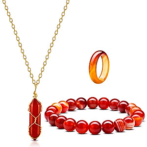 Hicarer Carnelian Crystal Necklace for Women Men Red Carnelian Rings Natural Relieve Anxiety Gemstone Bracelet Crystal Quartz Chakra Gems Stones (Classic Style)