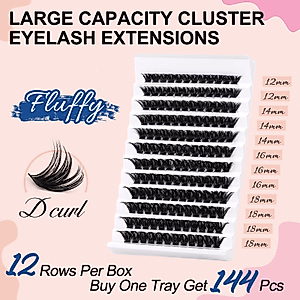 Lash Clusters 144 Pcs, Crislashes Cluster Lashes D Curl 12-18mm Mixed Fluffy Eyelash Clusters Wispy Manga Lashes Look Reusable at Home Lash Extension (Fluffy,D curl 12-18mm)