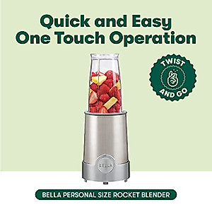 BELLA Personal Size Rocket Blender, Perfect for Smoothies, Shakes & Healthy Drinks, Easy Grinding, Chopping & Food Prep, 285 Watt Power Base, 12 Piece Blending Set, Stainless Steel