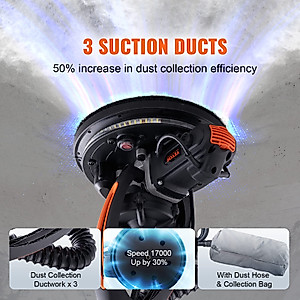 VEVOR Drywall Sander, 900W Electric Sander with 12 Sanding Discs, Variable Speed 800-1800 RPM Wall Sander with 3 Suction Ducts, Foldable Ceiling Sander & 2 LED Lights, Extendable Handle, Dust Bag