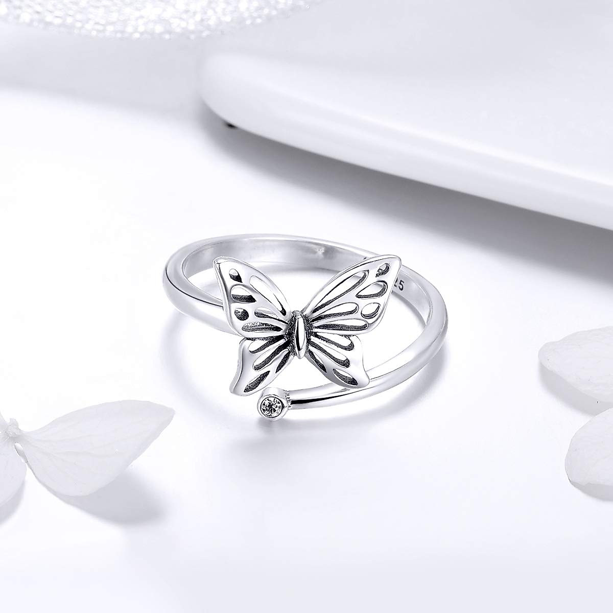 925 Sterling Silver Dainty Butterfly Expandable Open Cuff Rings Statement Ring Engagement Rings Adjustable Animal Promise Band Ring for Women