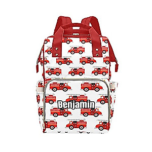 Cartoon Firetruck Pattern Personalized Diaper Bag Backpack Custom with Name Unisex Nursing Large Capacity Mommy Backpack