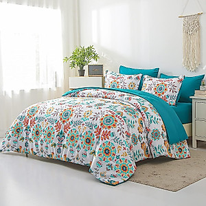DHSFKBE Boho Comforter Set Twin - 5 Pieces Bed in a Bag Floral Medallions Design, Bohemian Comforter Set with Sheets, Soft Microfiber Complete Bedding Sets All Season (Teal Blue, Twin)