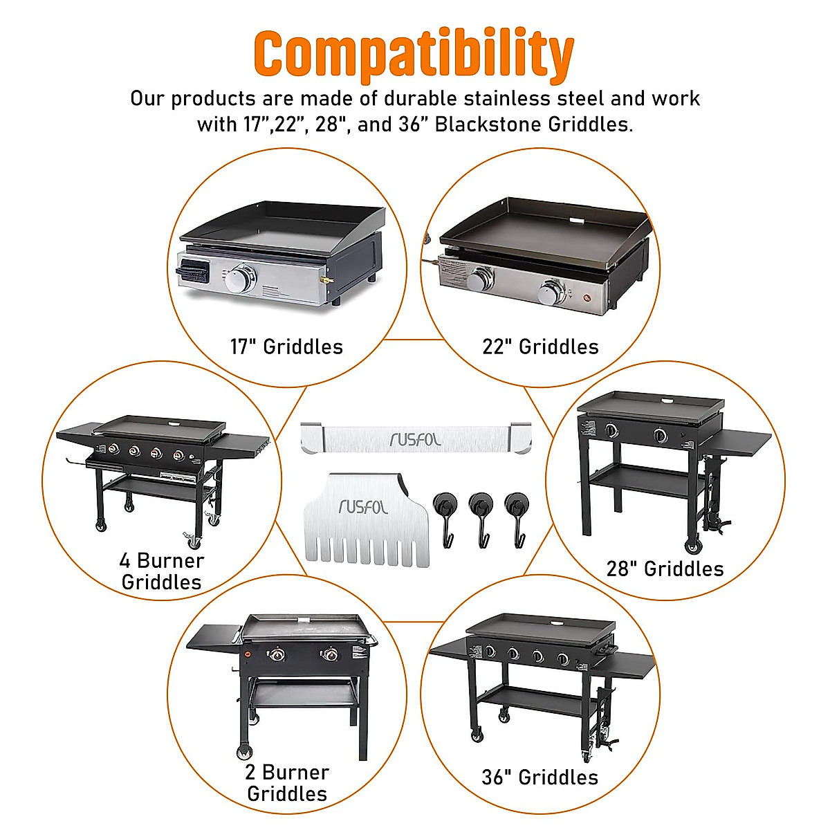 RUSFOL 3-in-1 Stainless Steel Griddle Spatula Holder with Mesh Screen Grease Gate and 3 Magnetic Hooks for 28"/36" Blackstone Griddles, Flat Top Griddle BBQ Accessories, Free from Drill&Easy Install