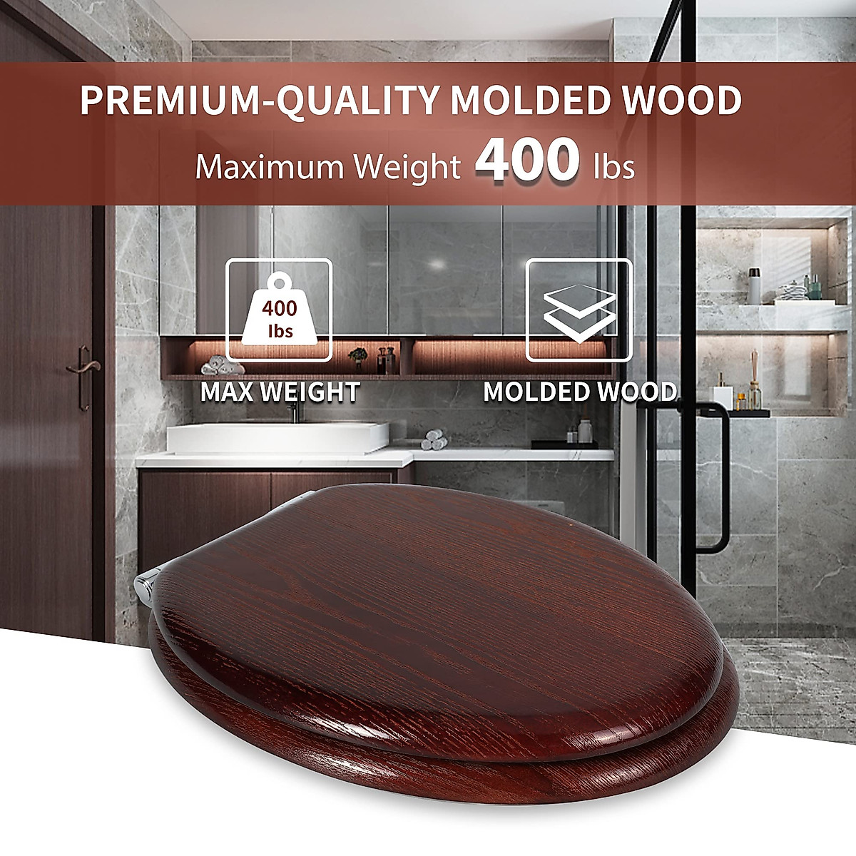 Angel Shield Elongated Wood Toilet Seat with Quiet Close,Easy Clean,Quick-Release Hinges(Elongated,Dark Walnut)