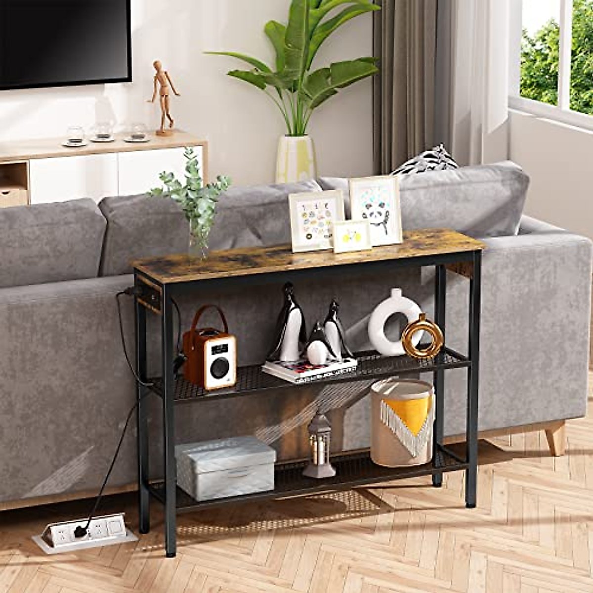 Mr IRONSTONE Console Table with Power Outlet, 39" Narrow Sofa Table, 3-Tier Couch Table Behind Sofa with Metal Frame Hallway Table for Entryway, Living Room, Rustic Brown