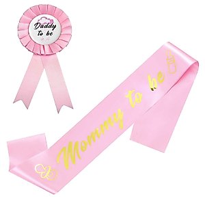 SGKUED 2 PCS Mommy to be Sash and Daddy to Be Tinplate Badge Pin Set, New Daddy Mom Gifts for Baby Shower Party Celebration, Pink Sash and Badge Pin