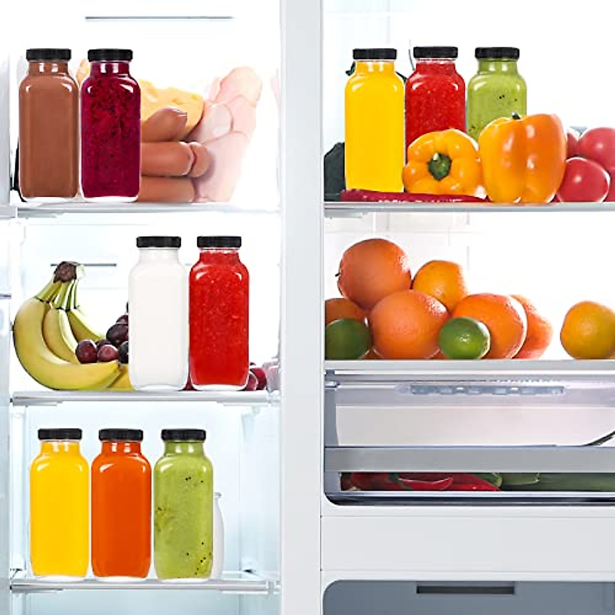 Moretoes 6 Pack 16oz Glass Juice Bottles with Lids Reusable Glass Square Beverages Drinking Jars with Tamper-proof Black Caps for Travel Milk Water Tea Honey Kombucha Smoothie Boba