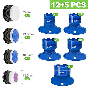 CeroDimo 12 PCS Faucet Aerators with 5 PCS Aerator Key for Sink Faucet, Faucet Aerator Removal Tool, Faucet Aerator Replacement for Bathroom or Kitchen Sink, M16.5 M18.5 M21.5 M24