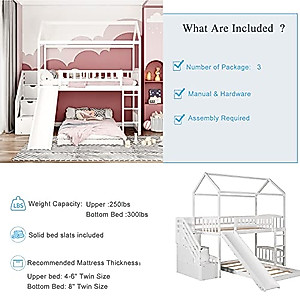Bunk Bed with Slide, House Bunk Beds Twin Over Twin Stairway Bunk Beds Playhouse Bunkbed with Storage for Kids Toddlers Girls/Boys, White
