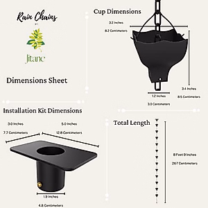 Jitane - Metal Rain Chains for Gutters - 8.75 Feet - Installation Kit Included - Rain Gutter Downspout Extension - Rain Water Catching System - Decorative Jewel Located at The Rain Chain Basin (Black)