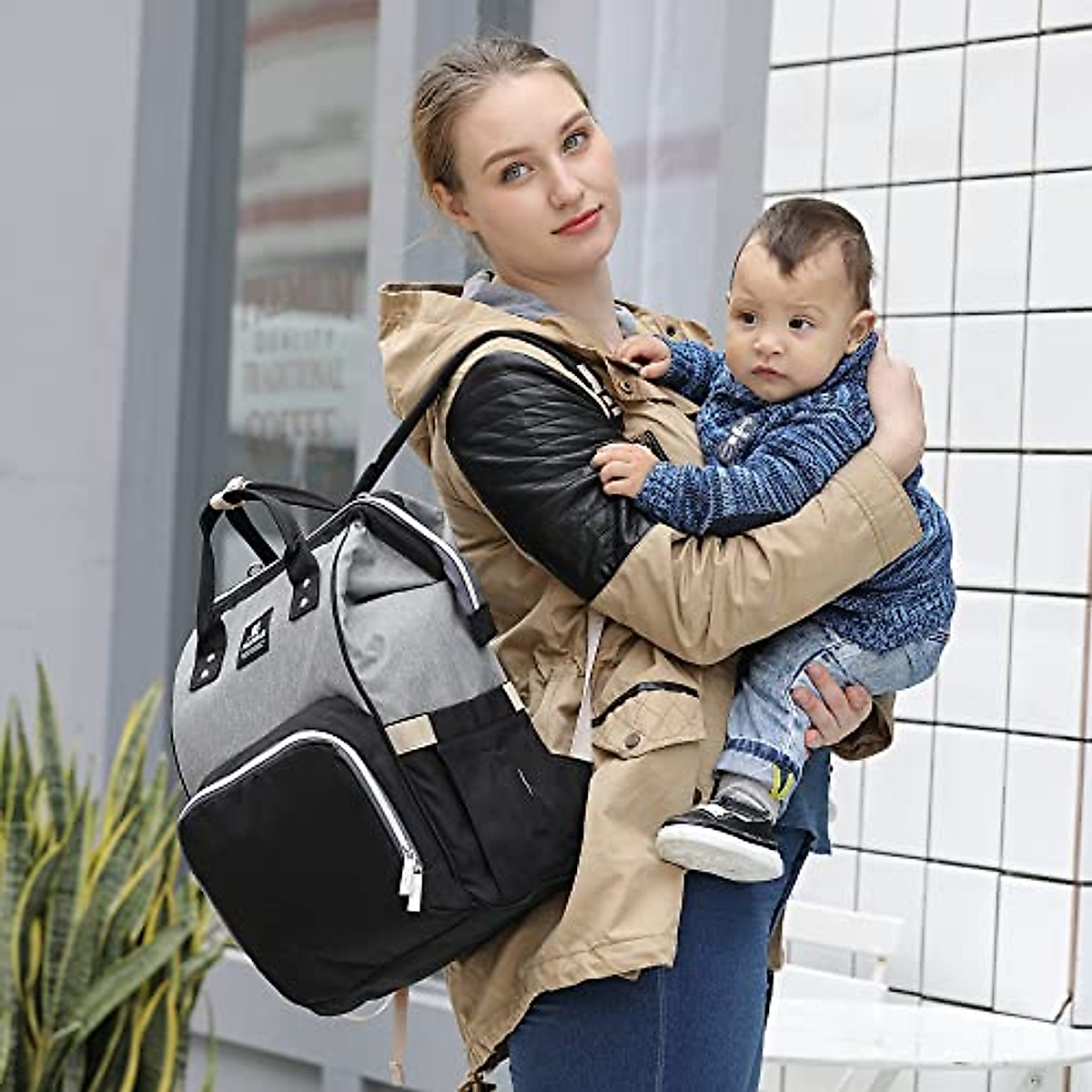 Hafmall Diaper Bag Backpack, Multifunctional Baby Diaper Bag with Stroller Hooks, Stylish Baby Bag for Mom Dad, Gray Black