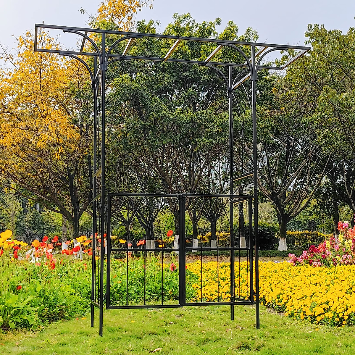 MOOFAR Metal Garden Arch with Double Gate Heavy-Duty Arbor Trellis Arbour Archway for Climbing Plants Support Rack, Outdoor Lawn Backyard Patio Decoration, Matte Black 79.5''L x 82.7''H