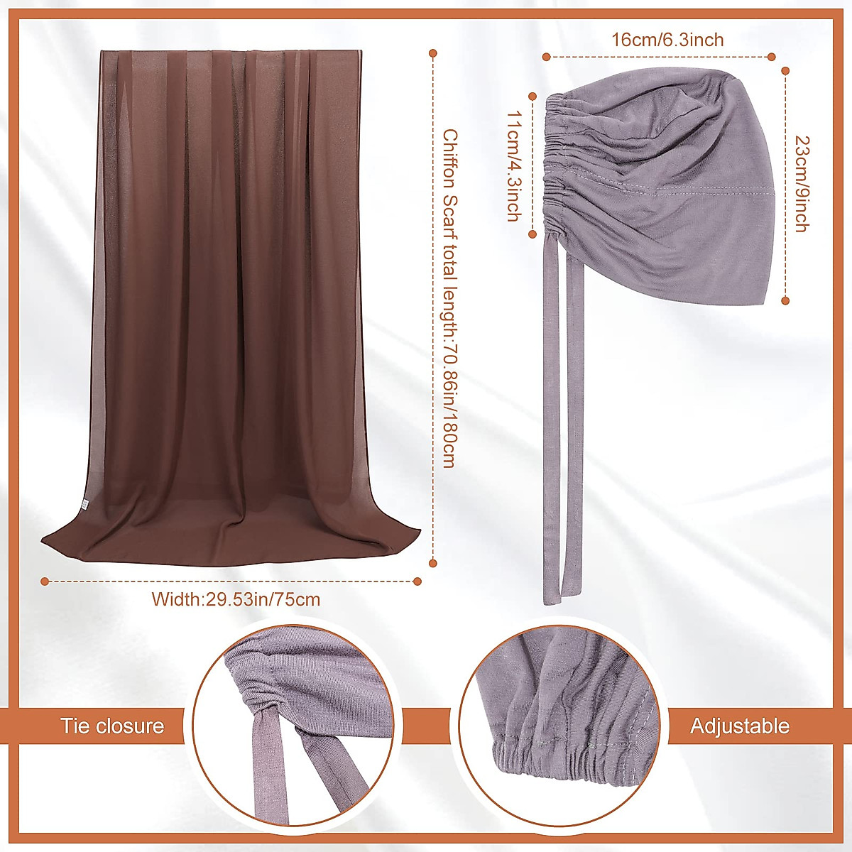 4 Pcs Women Chiffon Scarves 4 Pcs Hijab Caps Long Shawl Soft Wrap Scarves Islamic Muslim Underscarf Turban Caps Sleep Hats (Retro Colors)