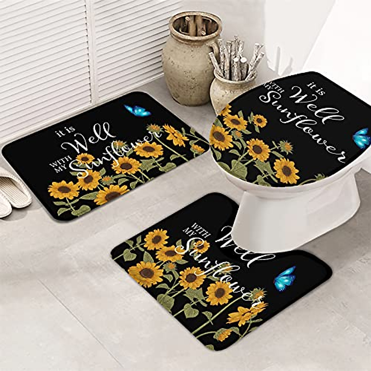 Fancyine 3 Pieces Bath Rugs Sets Rustic Art Farm Sunflowers with Butterfly Soft Non-Slip Absorbent Toilet Seat Cover U-Shaped Toilet Mat for Bathroom Decor Black