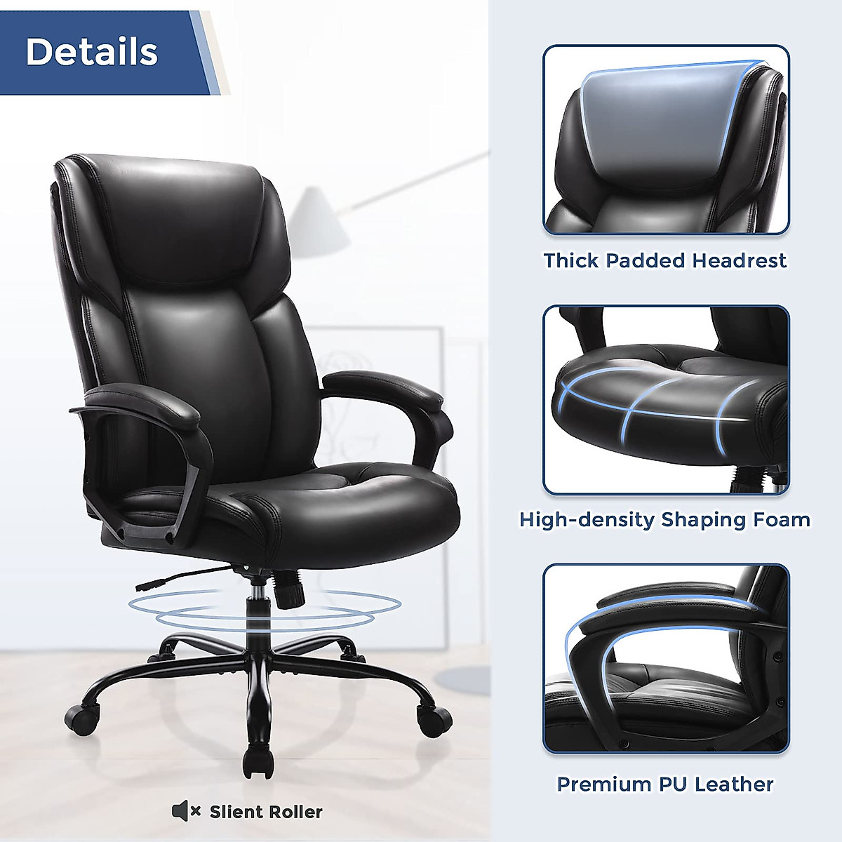 Executive Office Desk Chair High Back Adjustable Ergonomic Managerial Rolling Swivel Task Chair Computer PU Leather Home Office Desk Chairs with Lumbar Support, Black