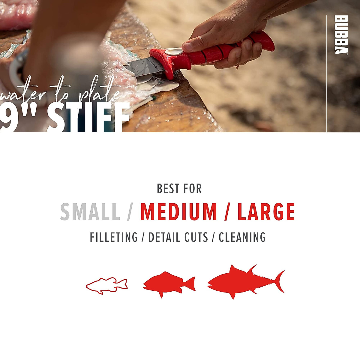 Bubba 9 Inch Stiff Fillet Knife with Non-Slip Grip Handle, Full Tang Beveled Sushi Style Stainless Steel Non-Stick Thick Blade, Lanyard Hole and Synthetic Sheath for Fishing, Hunting and Cooking