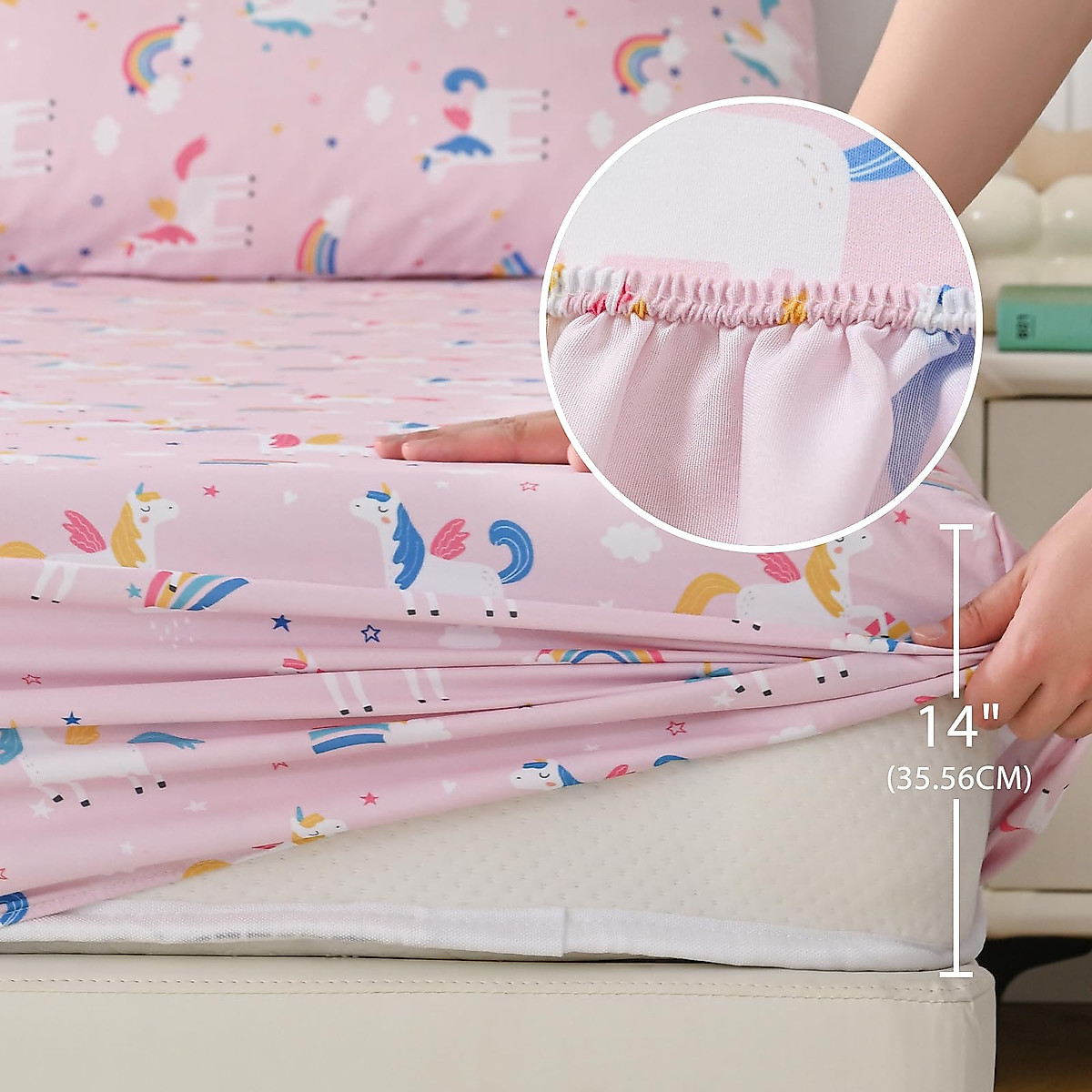 Vinogusto Twin Sheets Set Kids Pink Unicorn - 3 Pieces Breathable Printed Bedding Set - Fit Deep Pocket Soft Bed Sheets for Girls - Lightweight Cozy Twin Fitted Sheet