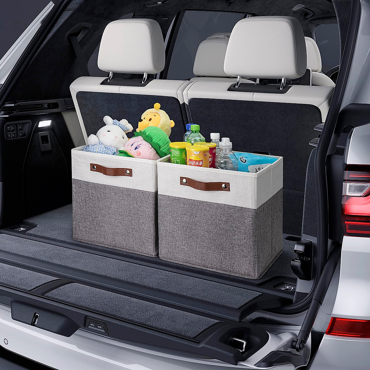 Lonian Set of 2 Foldable Cotton Flax Storage Boxes Bins with Leather Handle, Collapsible Storage Cube Organiser for Nursery Baby Kids Room Toys Home Shelving – 30.5x30.5x30.5 cm