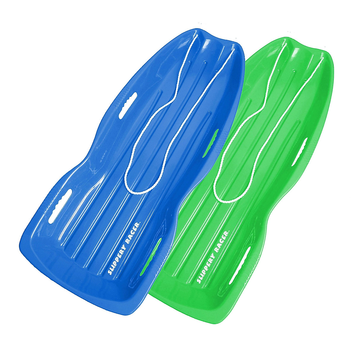 Slippery Racer Downhill Xtreme Flexible Adults and Kids Plastic Toboggan Snow Sled for Up to 2 Riders with Pull Rope, (2 Pack) (Blue/Green)