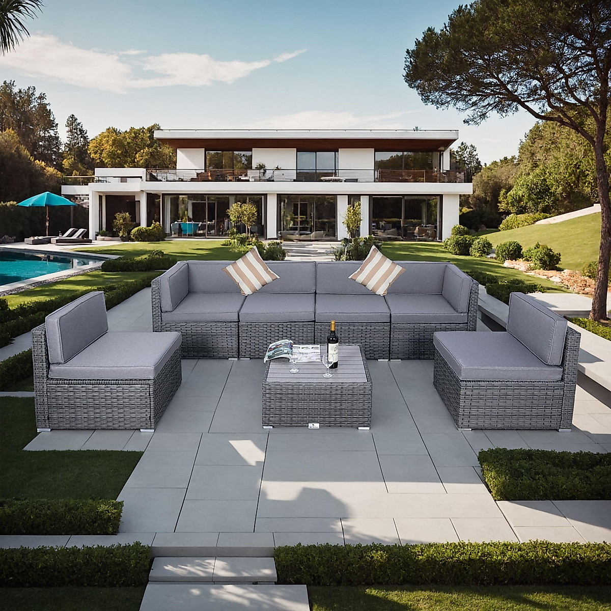 Welpatio 7 Piece Outdoor Patio Furniture Sets with Cushions, PE Rattan Wicker Outdoor Sectional Furniture Conversation Patio Set with Slat Coffee Table and 2 Pillows, Light Gray/Gray