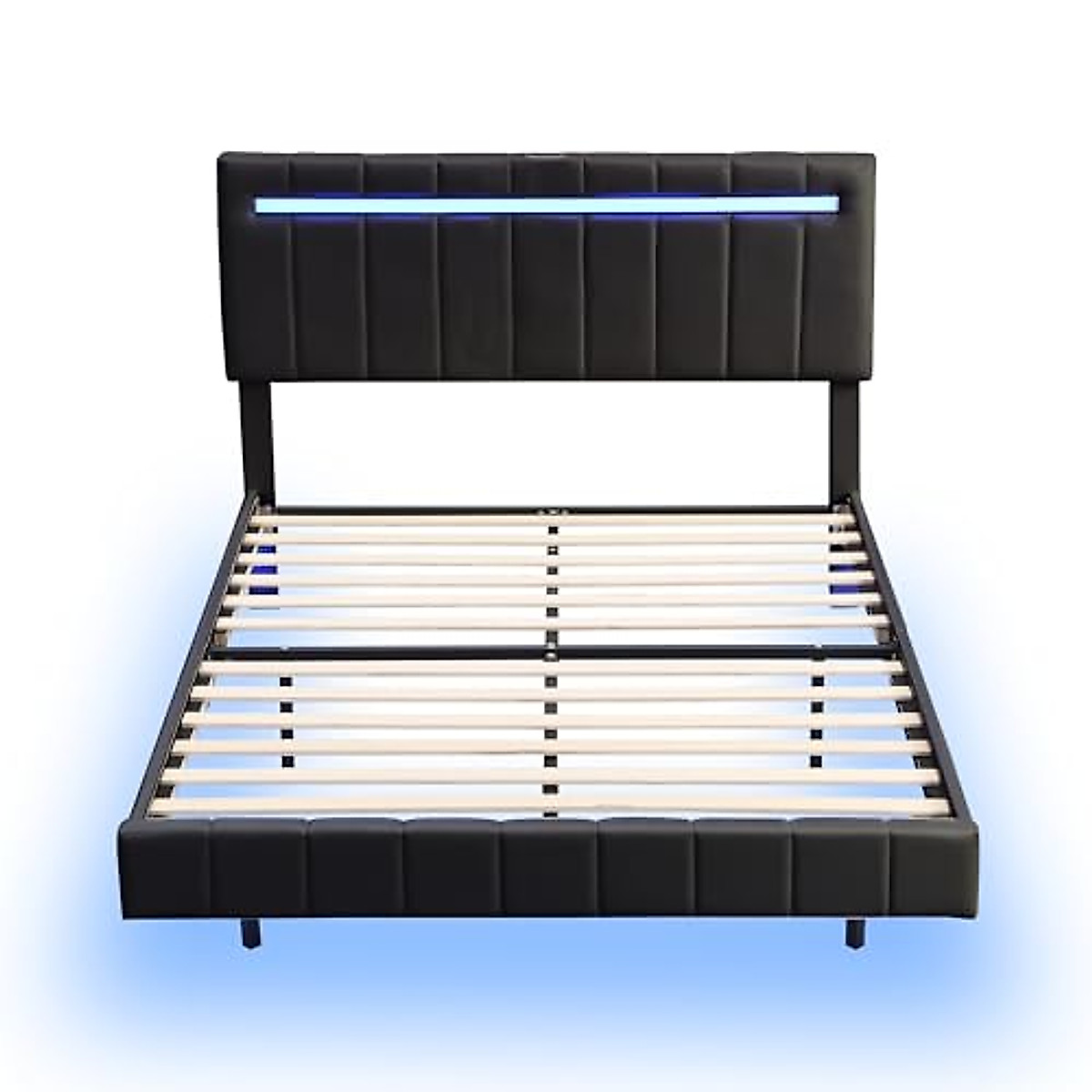 WADRI Modern Queen Size Upholstered Platform Bed, Full Size Floating Bed Frame with LED Lights and USB Charging, LED Bed Frame for Kids Teens Adults, No Box Spring Needed (Black + PU-79X)
