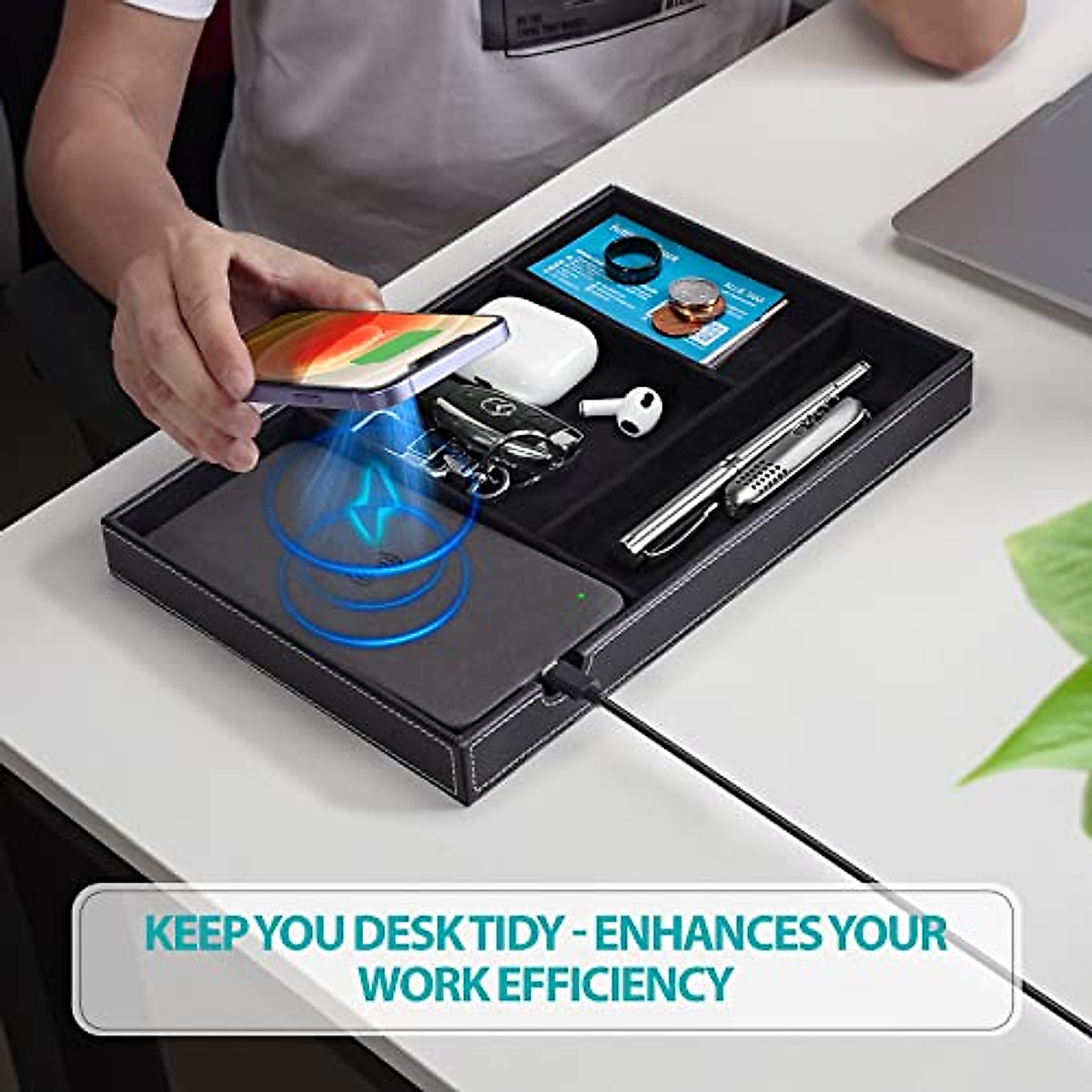 Valet Tray, Built in Wireless Charging Pad, Nightstand Organizer, Dresser Organizer, Mens Jewelry Box, Valet Charging Station, Faux Leather Valet Tray for Men and Women, (Black)