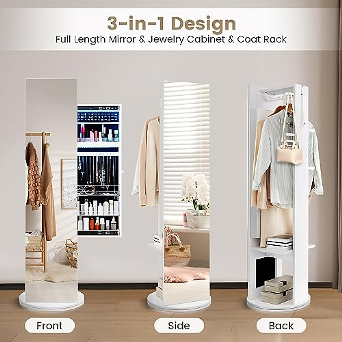 CHARMAID 65.5" H Jewelry Armoire with Full Length Mirror and Clothes Rack, Slide-Out Jewelry Cabinet with 3-Color LED lights, Rear Shelves, Hanging Rods, 360° Swivel Jewelry Organizer Storage (White)