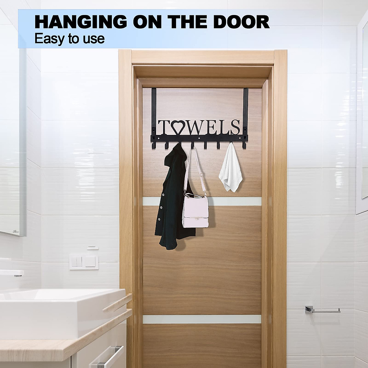 Kruodop Over The Door Hooks,Towel Holder for Bathroom, Black Towel Rack Coat Rack, Wall Mount Door Towel Hooks for Bedroom Kitchen, Door Towel Hanger for Hanging Hat Clothes Bathrobe Bag