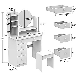 FAMAPY Vanity Desk with Mirror, Makeup Vanity with Drawers, Vanity with Mirror & Shelves, Cushion Stool, for Bedroom Pink (31.5”W x 15.7”D x 53.1”H)