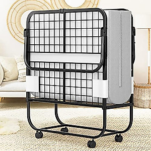 Homieasy Folding Bed with Mattress, Portable Foldable Bed with Storage Cover, Rollaway Bed for Adults with Memory Foam Mattress and Metal Frame, Cot Size Extra Guest Bed on Wheels (75” x 31”)