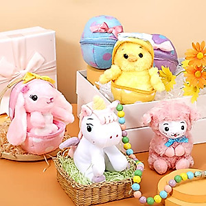Skylety 4 Packs Easter Egg Stuffed Animals 6 Inch Easter Eggs Filled with Llama Unicorn Chick Rabbit Plush Inside for Easter Basket Stuffers Presents Exchange Party Favors Gifts