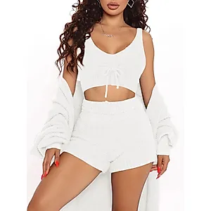 AOHITE Womens Sexy Fuzzy 3 Piece Cardigan Outfits Fleece Warm Crop Top Shorts Pajamas Loungewear Sets White Large