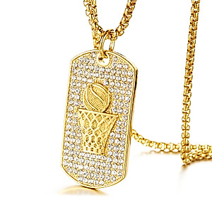 PEAS 18K Gold Plated Jewelry Basketball Hoop Dog Tag Pendant Iced Out Crystal Necklace,22" Box Chain