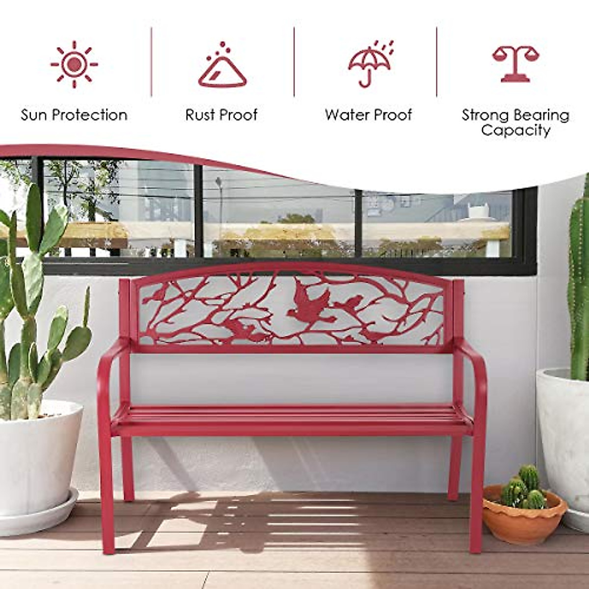 Giantex Patio Garden Bench Park Yard Outdoor Furniture Cast Iron Porch Chair (Red)