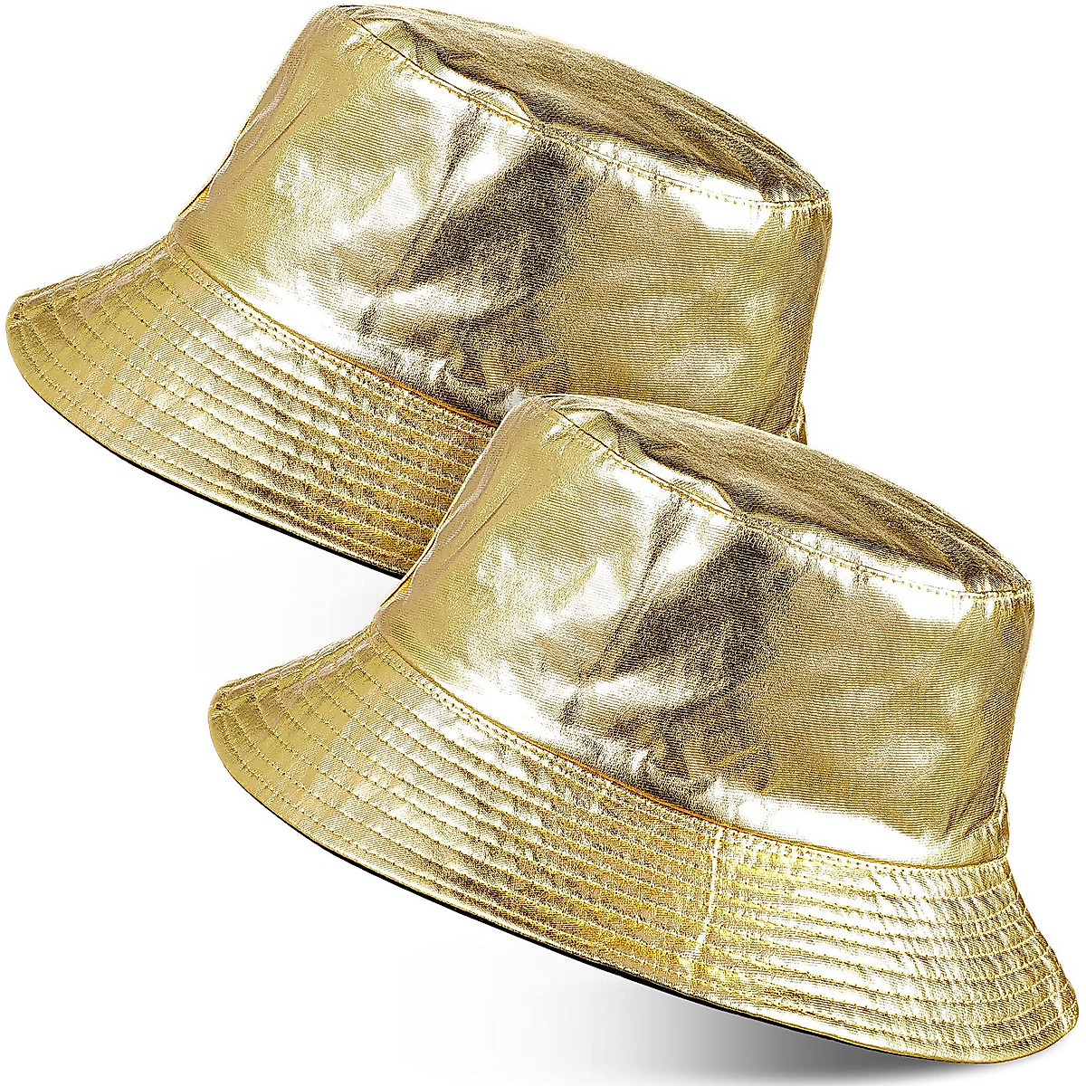 SATINIOR 2 Pcs Metallic Bucket Hat Unisex Trendy Fisherman Hat Reversible Foldable Packable Cap Double Side Hat Hip Hop for Men Women Teen (Gold)
