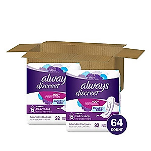 Always Discreet, Incontinence & Postpartum Pads for Women, Size 5, Heavy Absorbency, Long Length, 32 Count x 2 Pack (64 Count total)