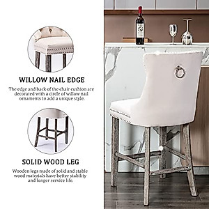 Kiztir Velvet Bar Stools Set of 2, 27" Counter Height Bar Chairs with Button Decor, Nailhead Trim, Solid Wooden Legs, Beige Modern Upholstered Bar Stools for Kitchen, Cafe, Pub