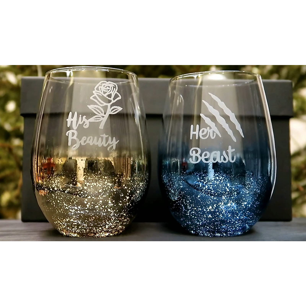 Valentines Day Gifts for Husband from Wife, His Beauty Her Beast Hand Etched Stemless Glitter Wine Glass Idea Gift for Couple