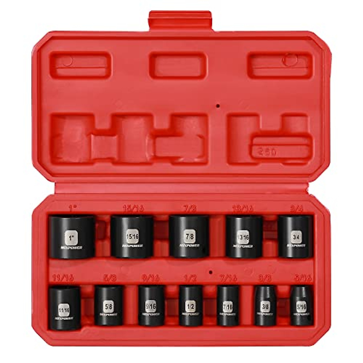 MIXPOWER 12 Pieces 3/8-Inch Drive Shallow Impact Socket Set, 5/16 to 1 inch, CR-V, SAE, 6 Point, Shallow, 12 Pieces 3/8" Dr. Socket