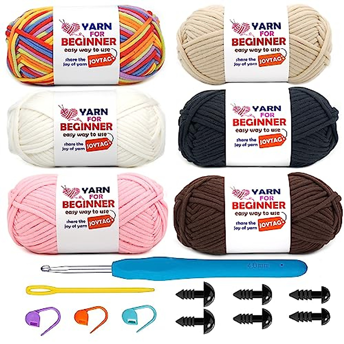 6 Pack Beginners Crochet Yarn Rainbow Pink White Beige Coffee Black Cotton Crochet Yarn for Crocheting Knitting Beginners with Easy-to-See Stitches Crochet Yarn for Beginners Crochet Kit(6x50g)