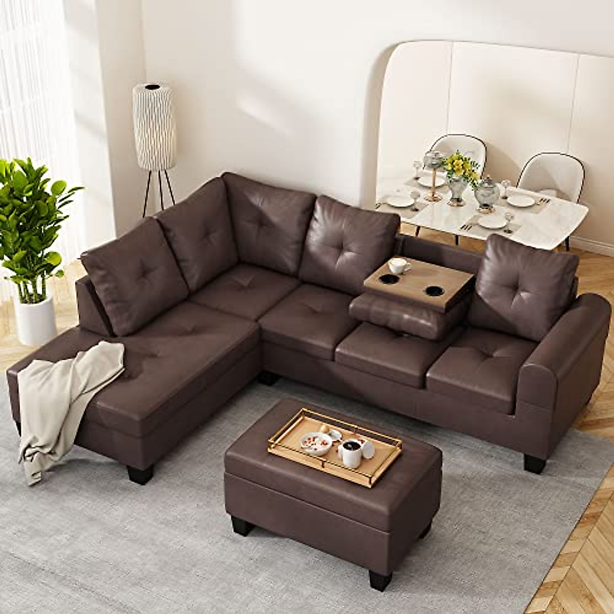 Lamerge Sectional Sofa Couch for Living Room, Modular Sectional Sofa with 6 Seats L Shaped Sofa Set with PU Leather Ottoman, Button Tufted Comfy Living Room Sofa Couch for Small Place