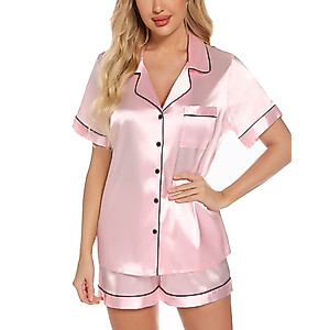 Leikar Womens Silk Satin Pajamas Shorts Set Bride Pajamas Button Down Pjs Loungewear Set S-XXL Pink